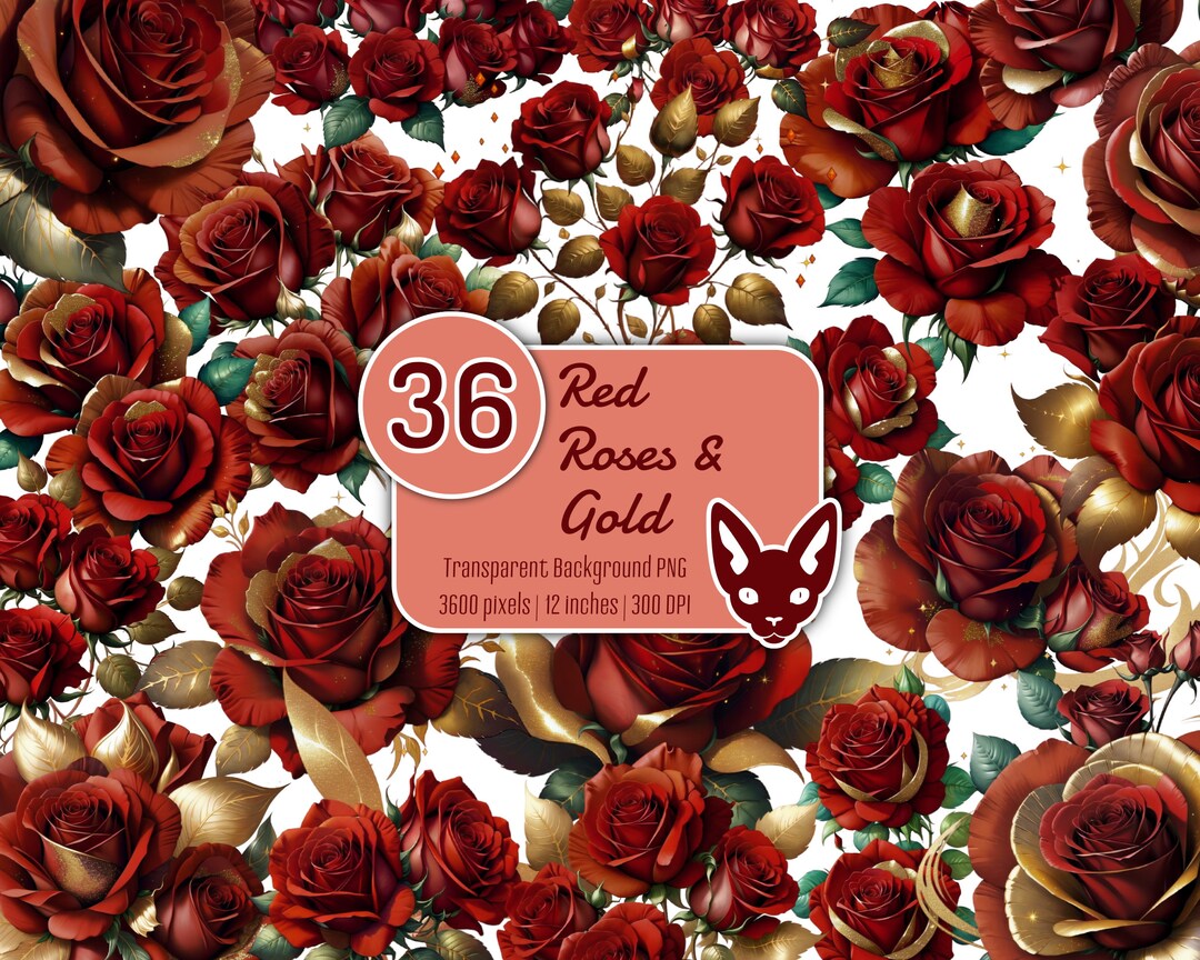 Red Roses With Gold in Watercolor | PNG With Transparent Background ...