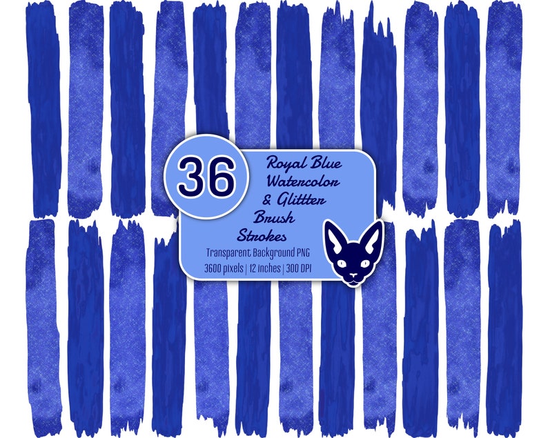 Royal Blue Watercolor & Glitter Paint Brush Strokes | Set of 36 PNG ...