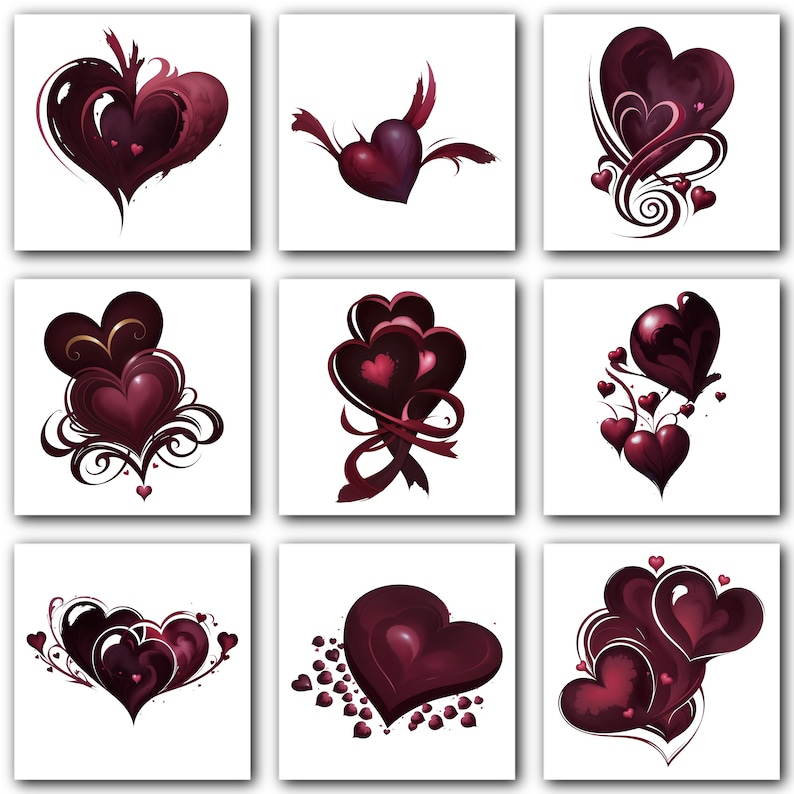 Burgundy Watercolor Hearts Clipart: 36 PNG Valentine's Graphics ...