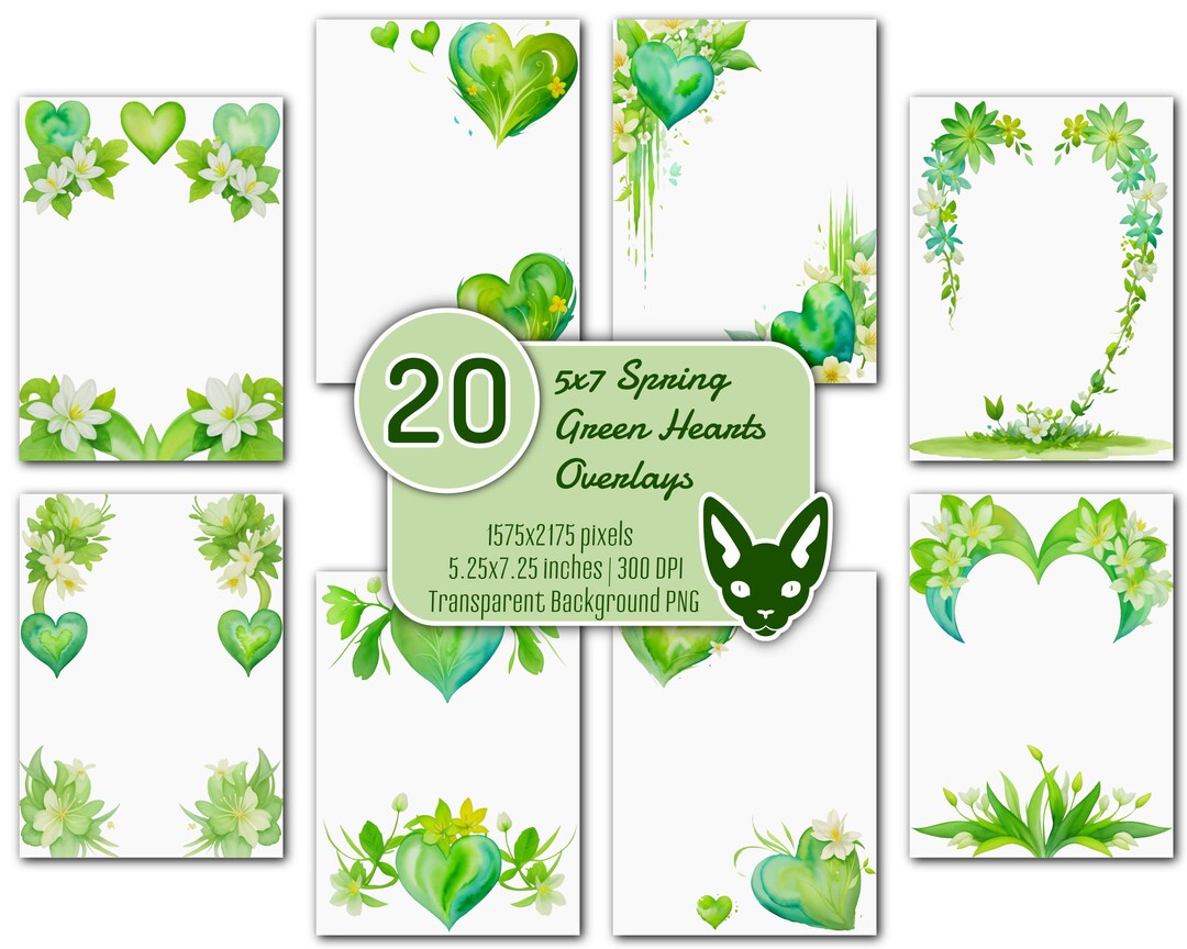 5x7" Spring Green Hearts Overlays Set | 20 Pngs | Transparent ...