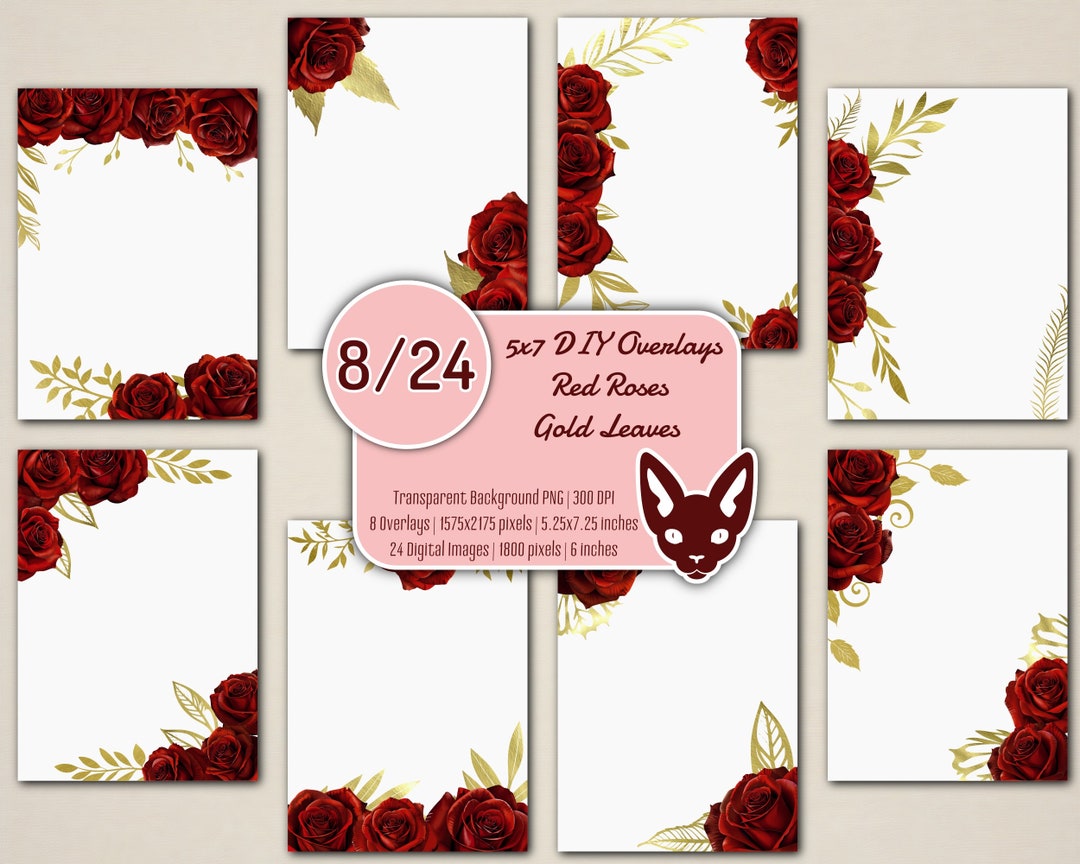 Red Rose & Gold Leaf Overlays: 5x7 Invitation Clipart (digital Download ...