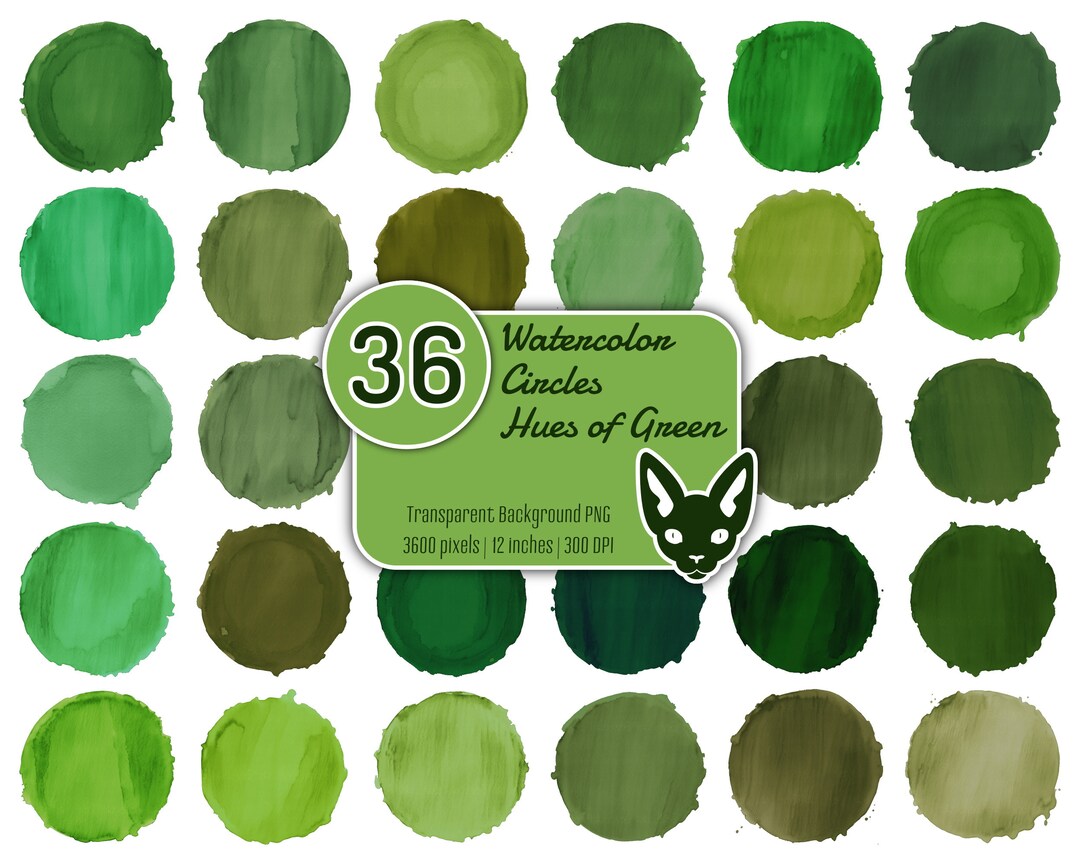 Watercolor Circles - Hues of Green | 36 Pngs Clip Art Set | Transparent ...
