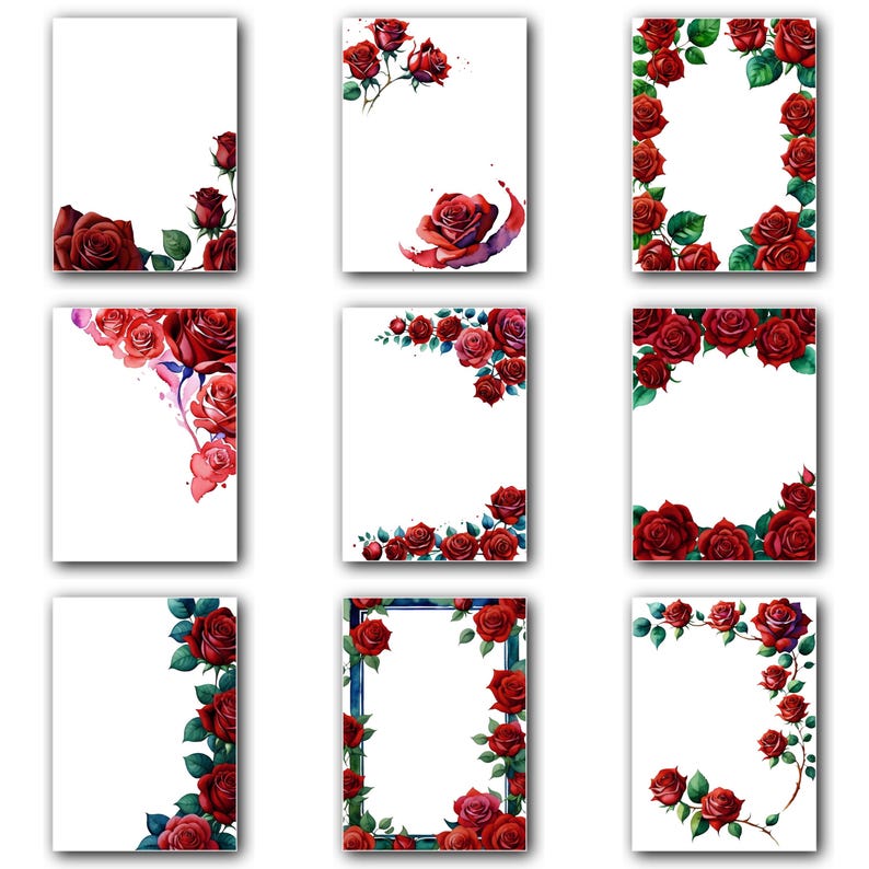 Red Rose Watercolor Overlays: Invitation Card Borders (PNG Digital ...