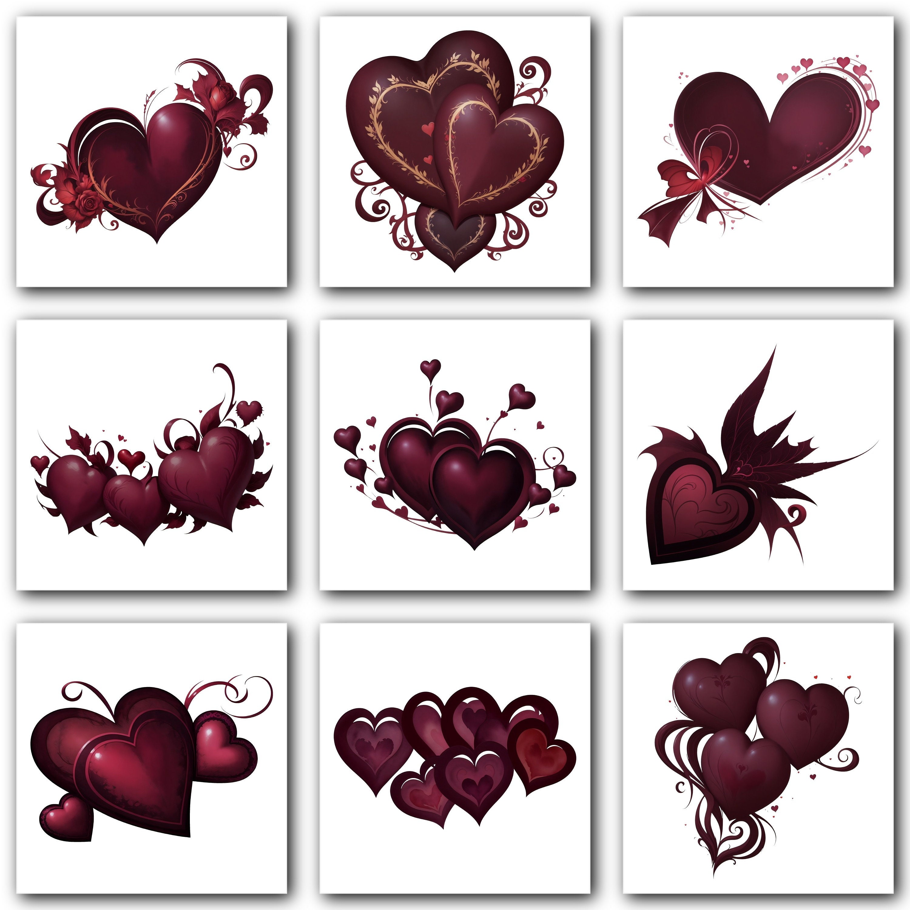 Burgundy Watercolor Hearts Clipart: 36 PNG Valentine's Graphics ...