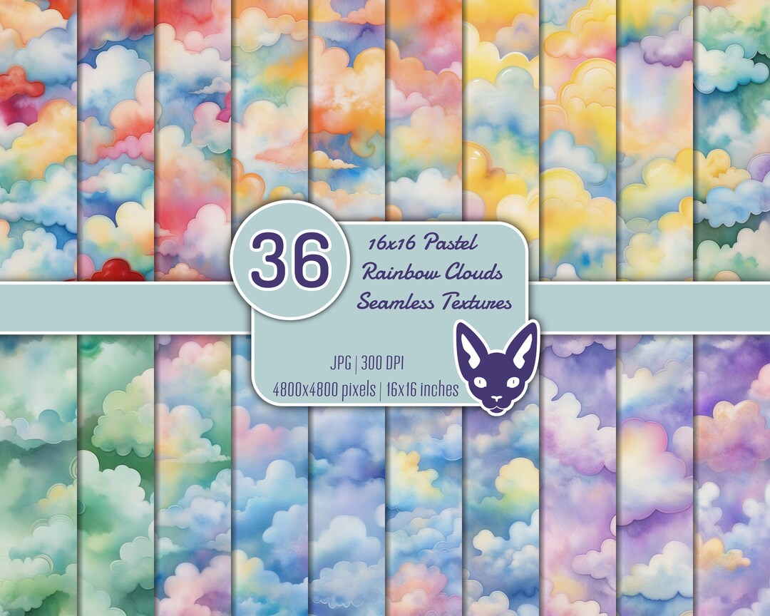 16x16" - Pastel Rainbow Clouds Textures in Watercolor | Seamless ...