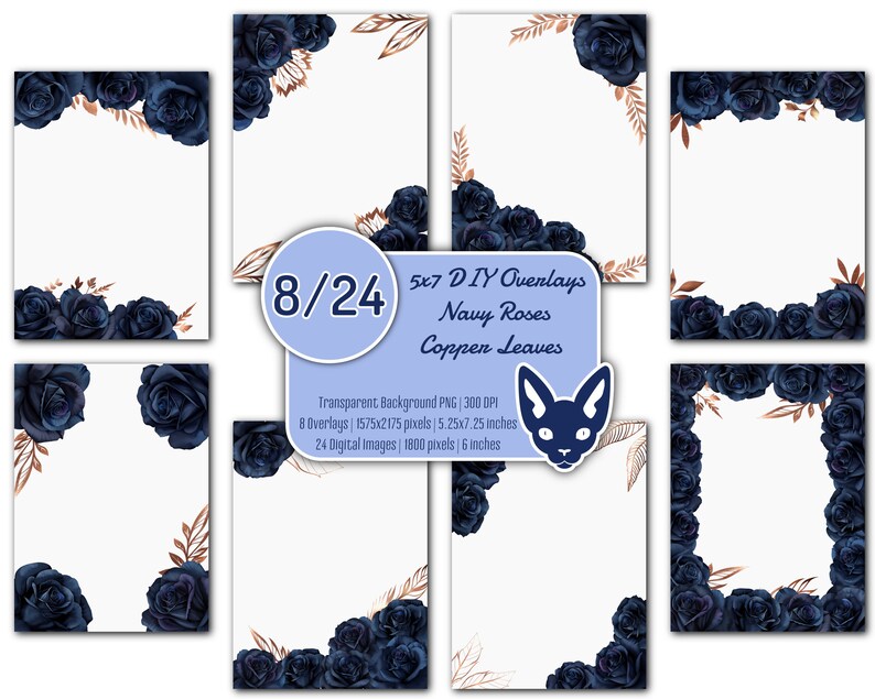 DIY - 5x7" Navy Rose & Copper Leaves Overlays Set | 32 Pngs ...