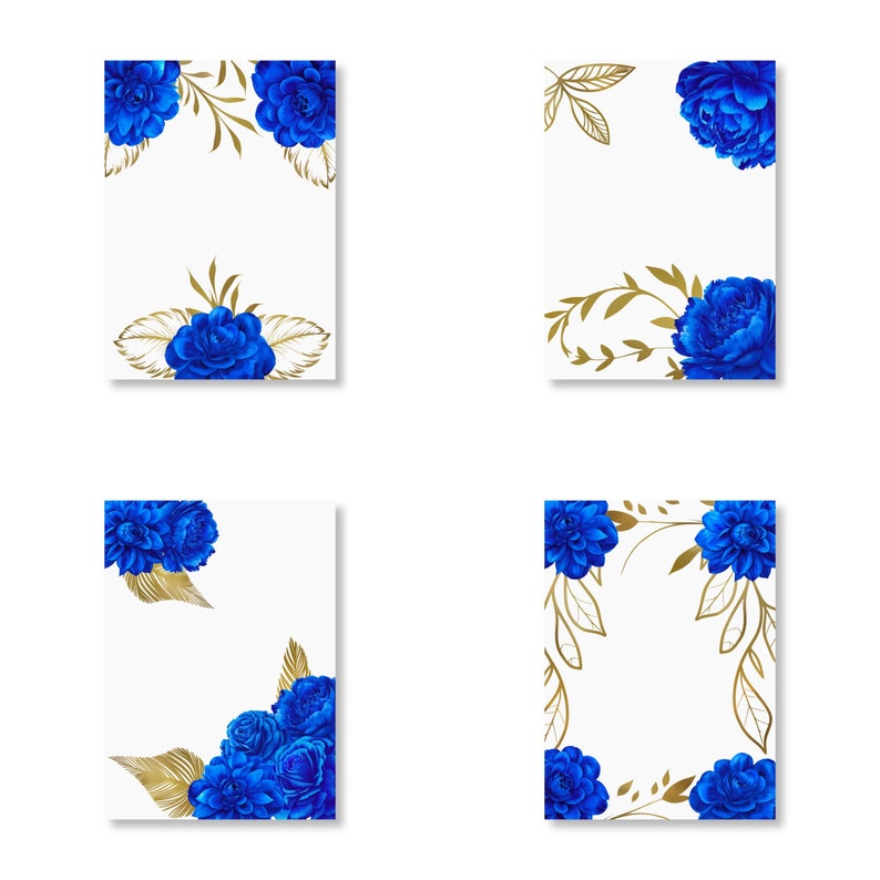 DIY 5x7" Royal Blue Flowers (peony Dahlia Carnation) & Gold Leaves ...