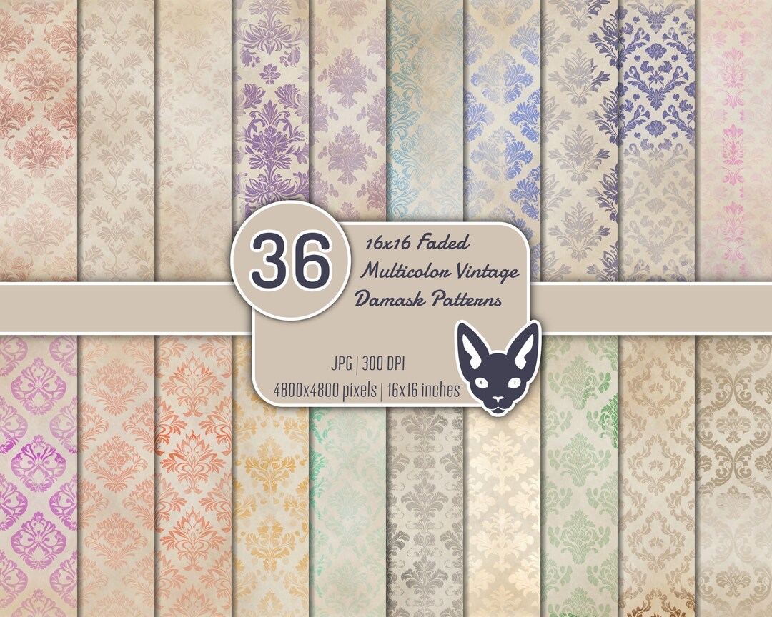 16x16" - Faded Vintage Damask Pattern - Multicolor | | Old Paper ...