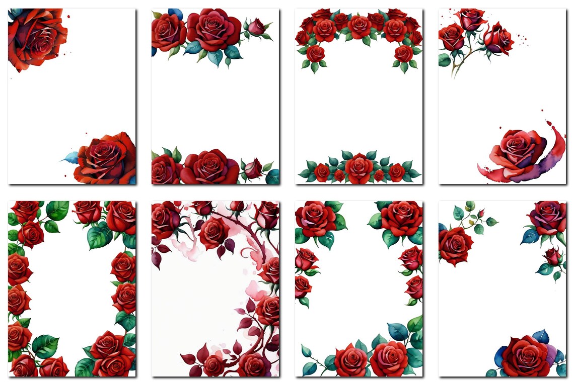 Red Rose 5x7" Backgrounds: Floral Borders & Frames (40 Jpgs) (digital ...