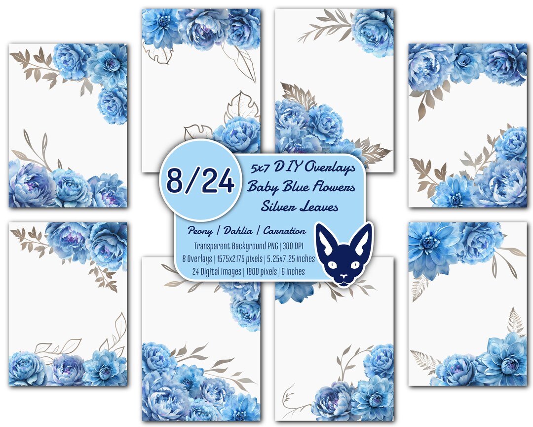 DIY 5x7" Baby Blue Flowers (peony Dahlia Carnation) & Silver Leaves ...