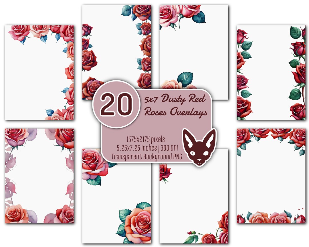 5x7" Dusty Red Rose Overlays Set | 20 Pngs | Transparent Background ...