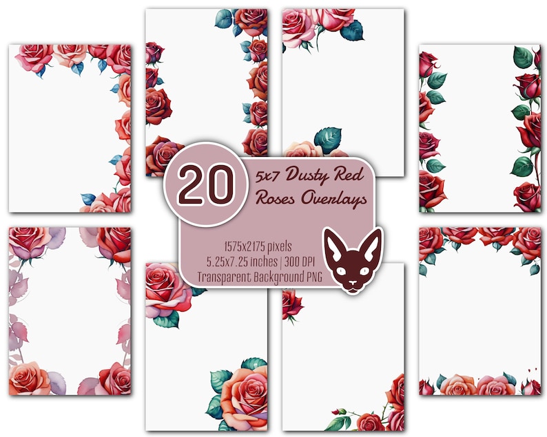 5x7" Dusty Red Rose Overlays Set | 20 Pngs | Transparent Background ...