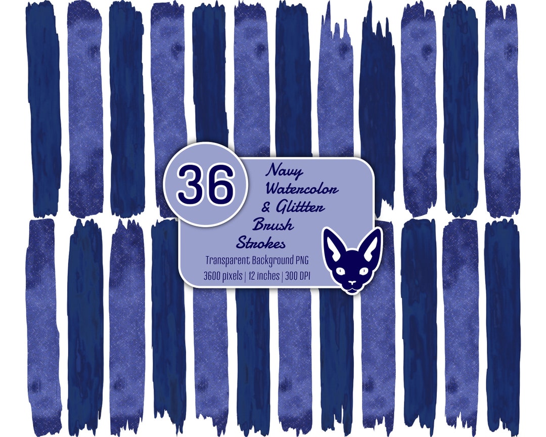 Navy Blue Watercolor & Glitter Paint Brush Strokes | Set of 36 PNG Clip ...