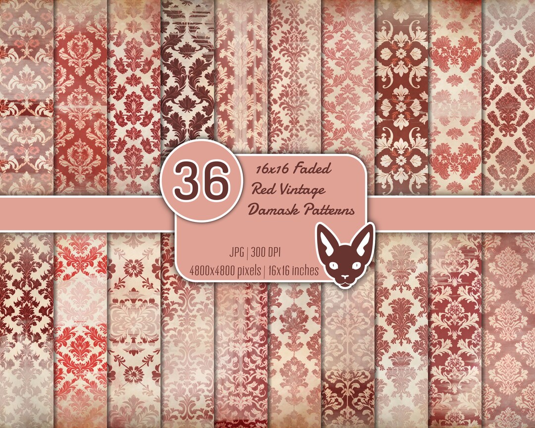 16x16" - Faded Red Vintage Damask Pattern | | Old Parchment ...