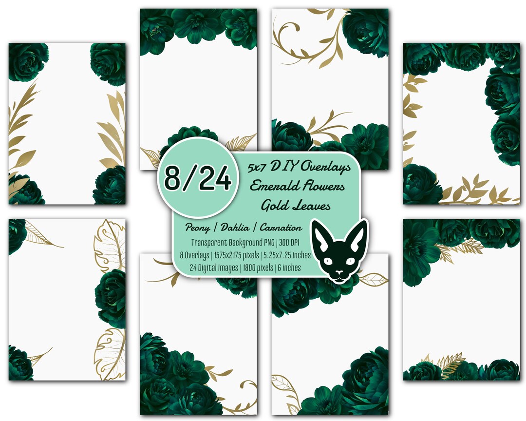 Emerald Floral & Gold Leaf Overlays: 5x7 Invitation Pngs (digital ...