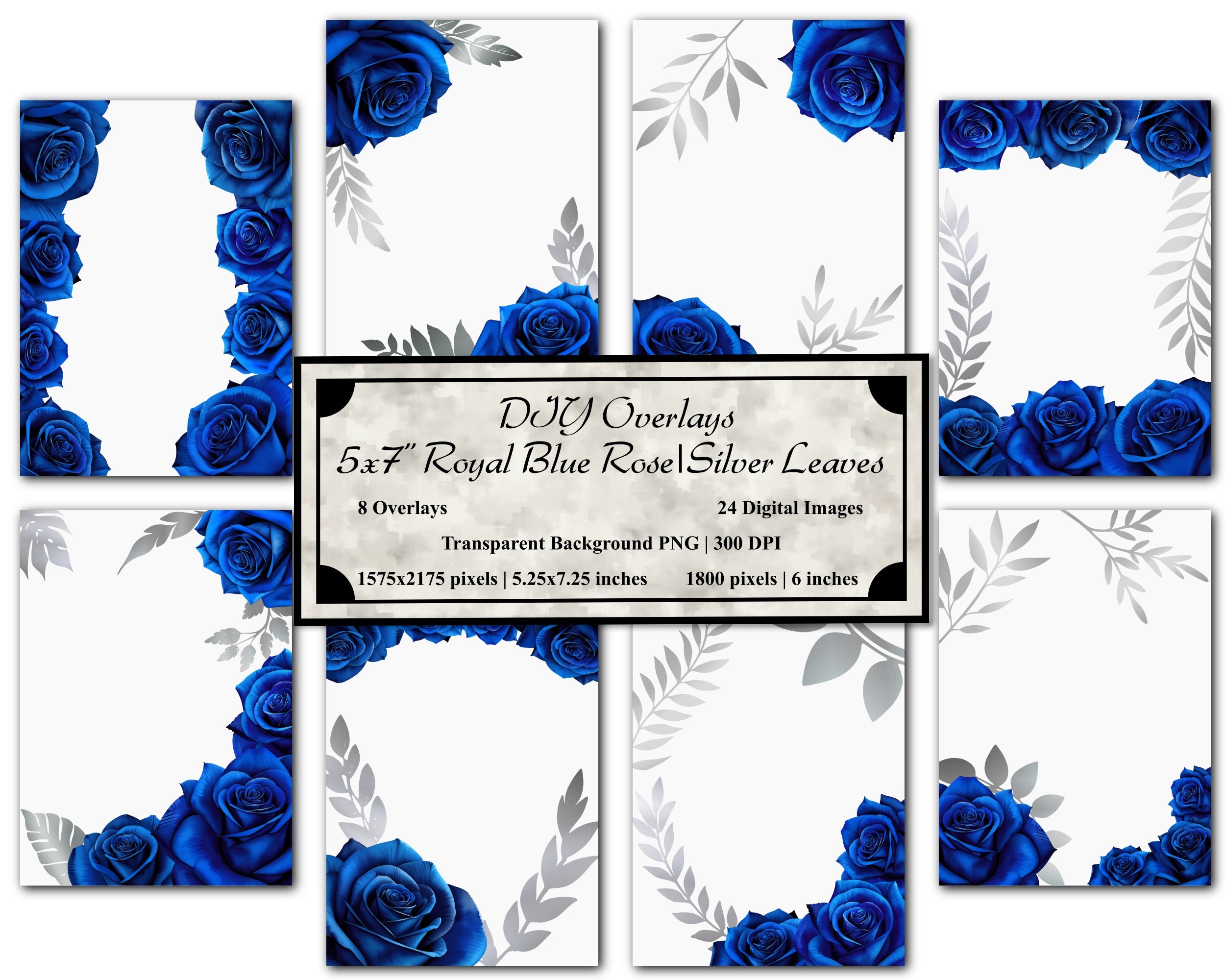 DIY 5x7 Royal Blue Rose & Silver Leaves Overlays Set 32 Pngs ...