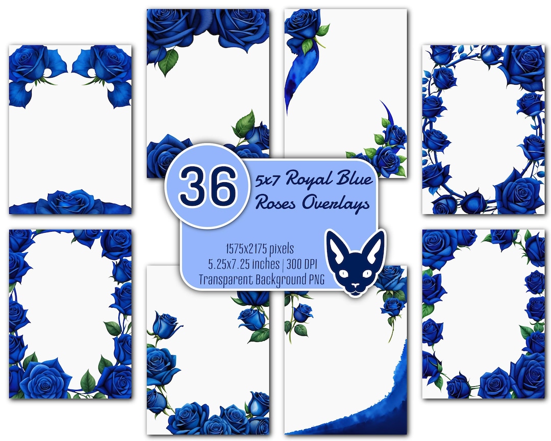Royal Blue Rose Watercolor Overlays: 36 PNG Frames & Borders (digital ...