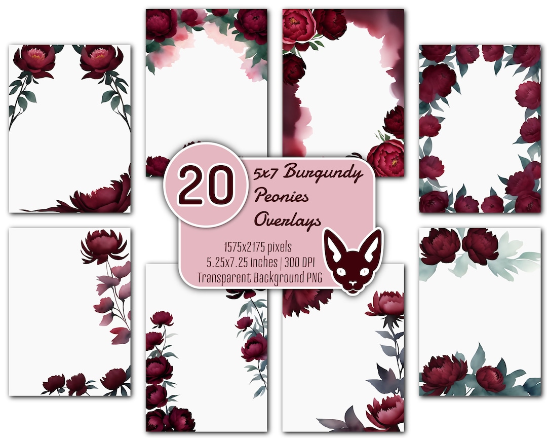 5x7" Burgundy Peony Overlays Set | 20 Pngs | Transparent Background ...