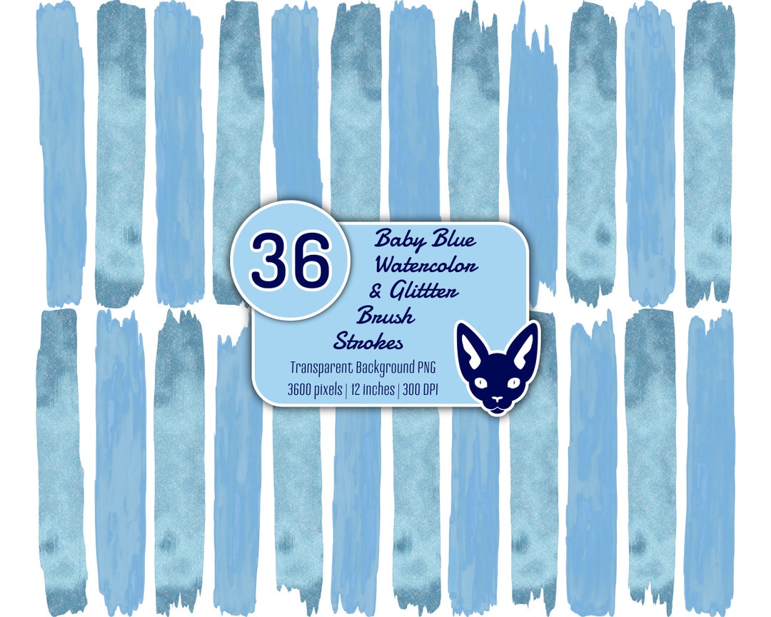 Baby Blue Watercolor & Glitter Paint Brush Strokes | Set of 36 PNG Clip ...