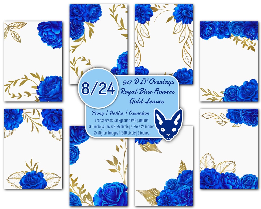 DIY 5x7" Royal Blue Flowers (peony Dahlia Carnation) & Gold Leaves ...