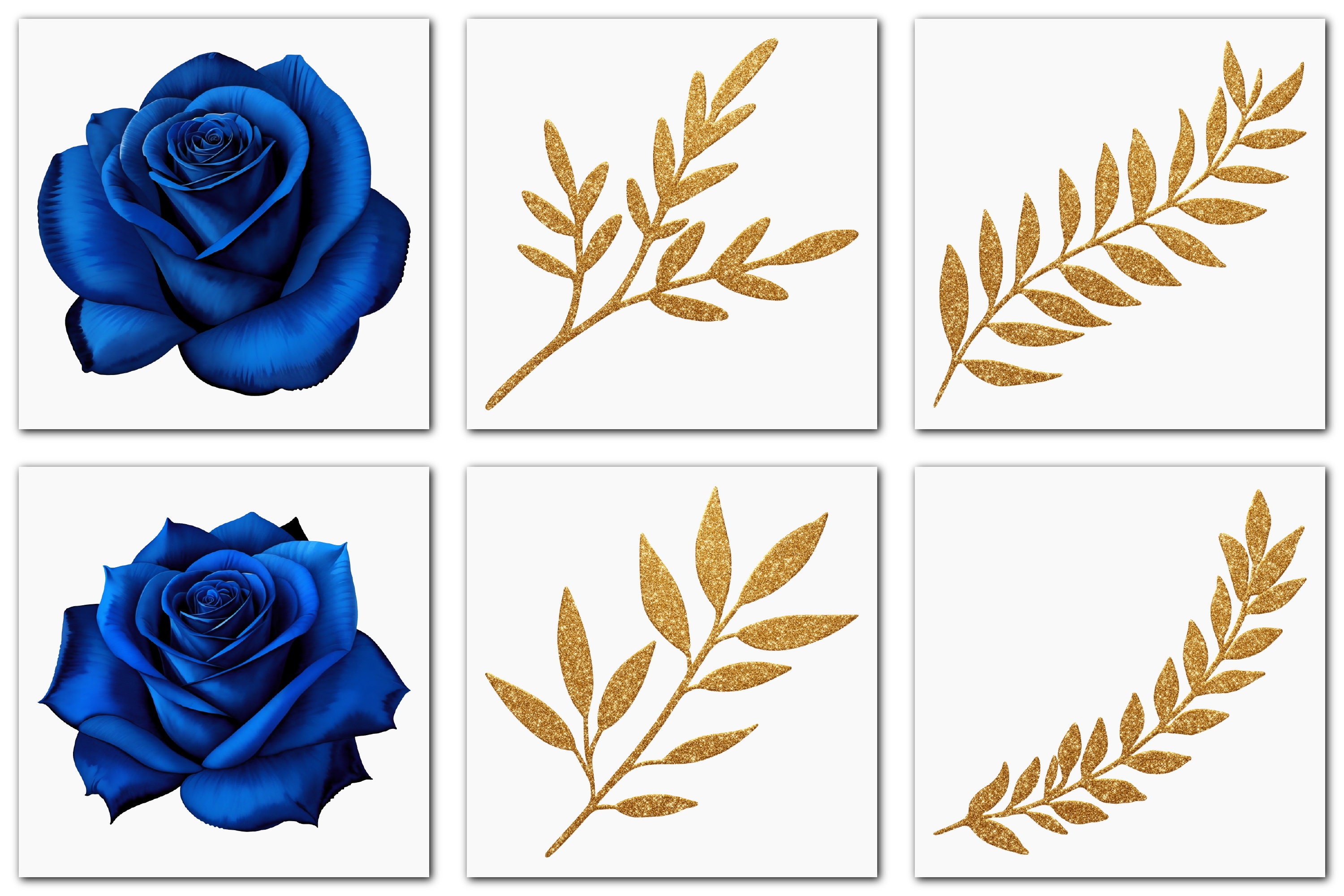 DIY 5x7 Royal Blue Roses & Gold Glitter Leaves Overlays Set 40 Pngs ...