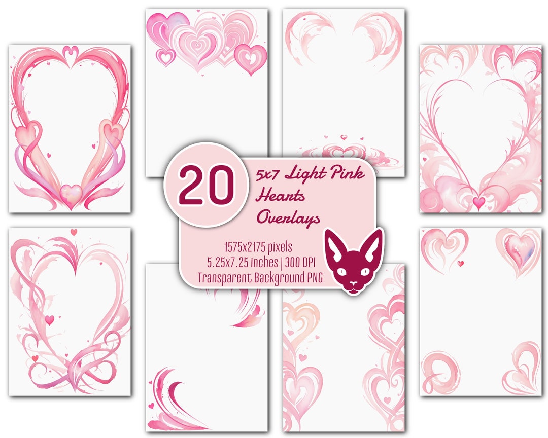 5x7" Light Pink Hearts Overlays Set | 20 Pngs | Transparent Background ...