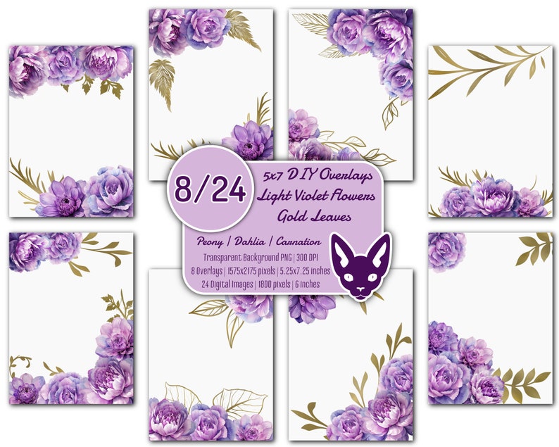 DIY 5x7" Light Violet Flowers (peony Dahlia Carnation) & Gold Leaves ...