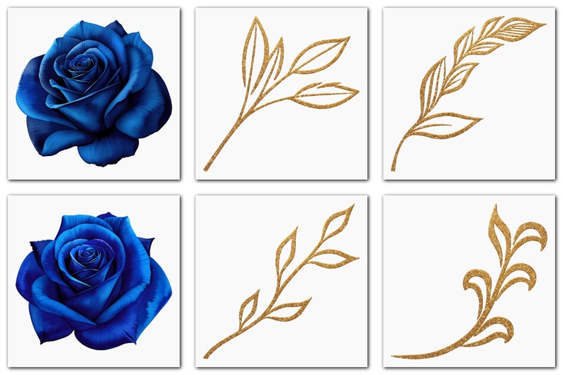 DIY 5x7 Royal Blue Roses & Gold Glitter Leaves Overlays Set 40 Pngs ...