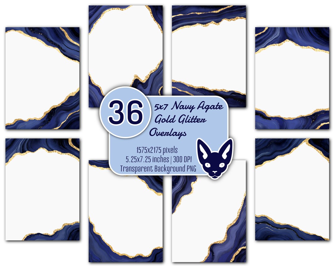 Navy Agate & Gold Glitter Overlays: 36 PNG Card Borders (digital ...
