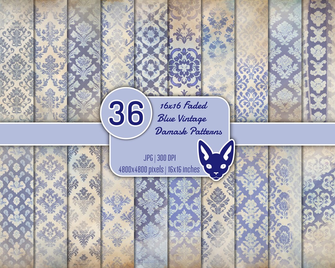 16x16" - Faded Blue Vintage Damask Pattern | | Old Parchment ...