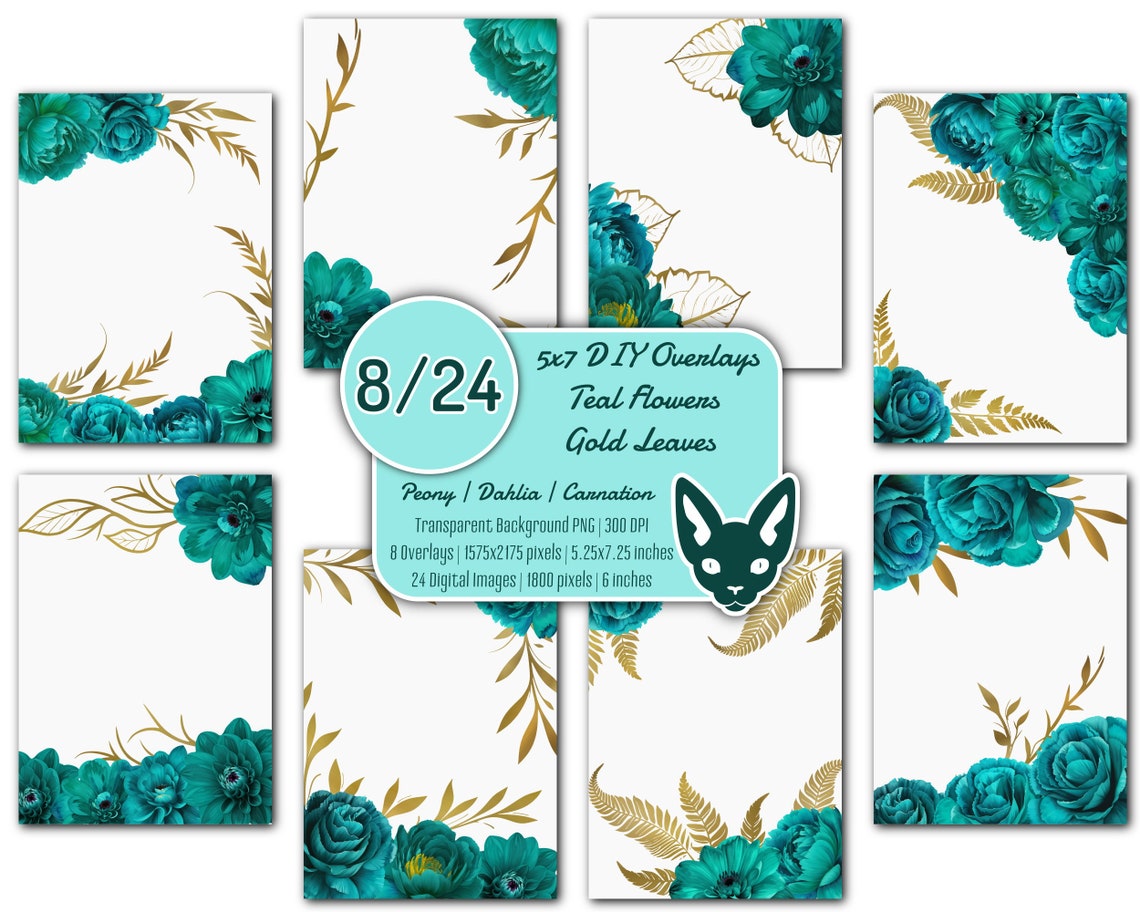 Teal Watercolor Flower & Gold Leaf Overlays: 5x7 Invitation Clipart ...