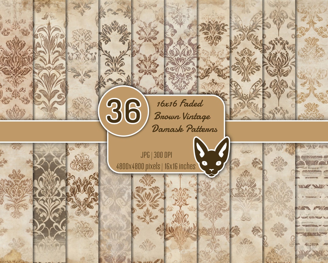 16x16" - Faded Brown Vintage Damask Pattern | | Old Paper | Distressed ...