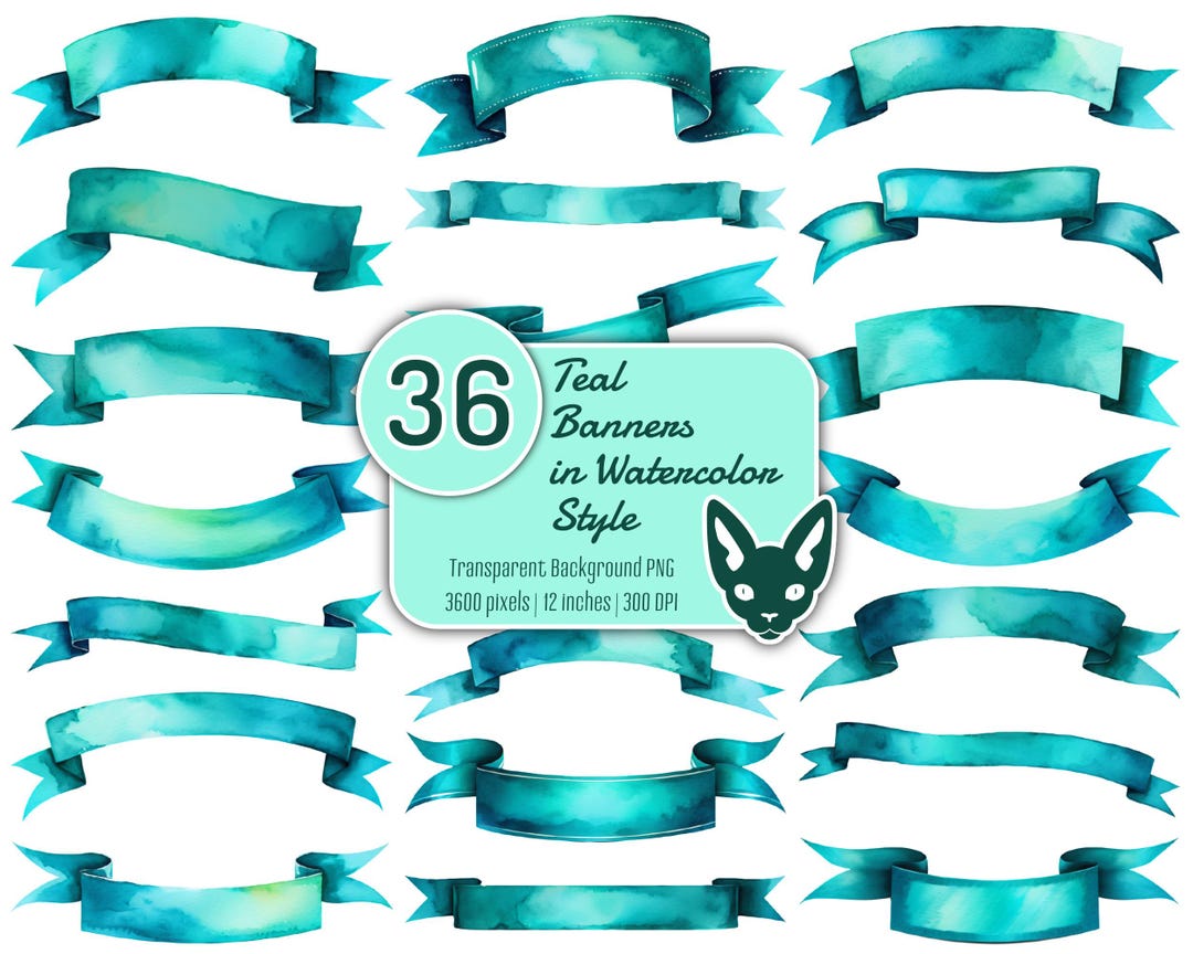 Teal Watercolor Banners: 36 PNG Clip Art Designs (digital Download) - Etsy
