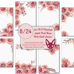 DIY 5x7" Light Pink Rose & Pink Gold Leaf Overlays Set | 32 Pngs ...