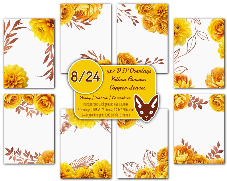 DIY 5x7" Yellow Flowers (peony Dahlia Carnation) & Copper Leaves ...