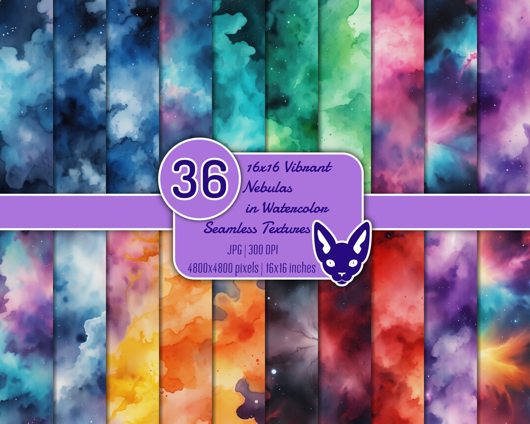 16x16" - Vibrant Nebula Textures in Watercolor | Seamless | Printable ...