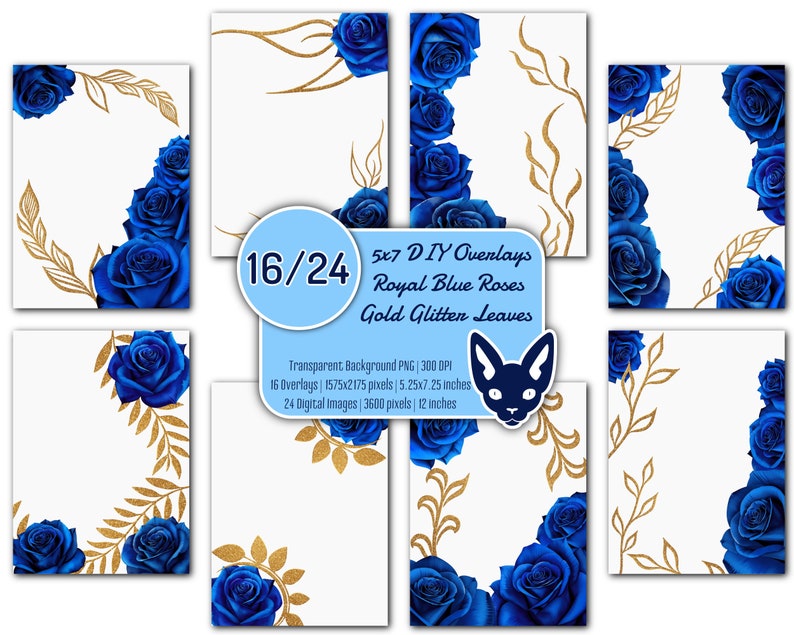 DIY - 5x7" Royal Blue Roses & Gold Glitter Leaves Overlays Set | 40 ...