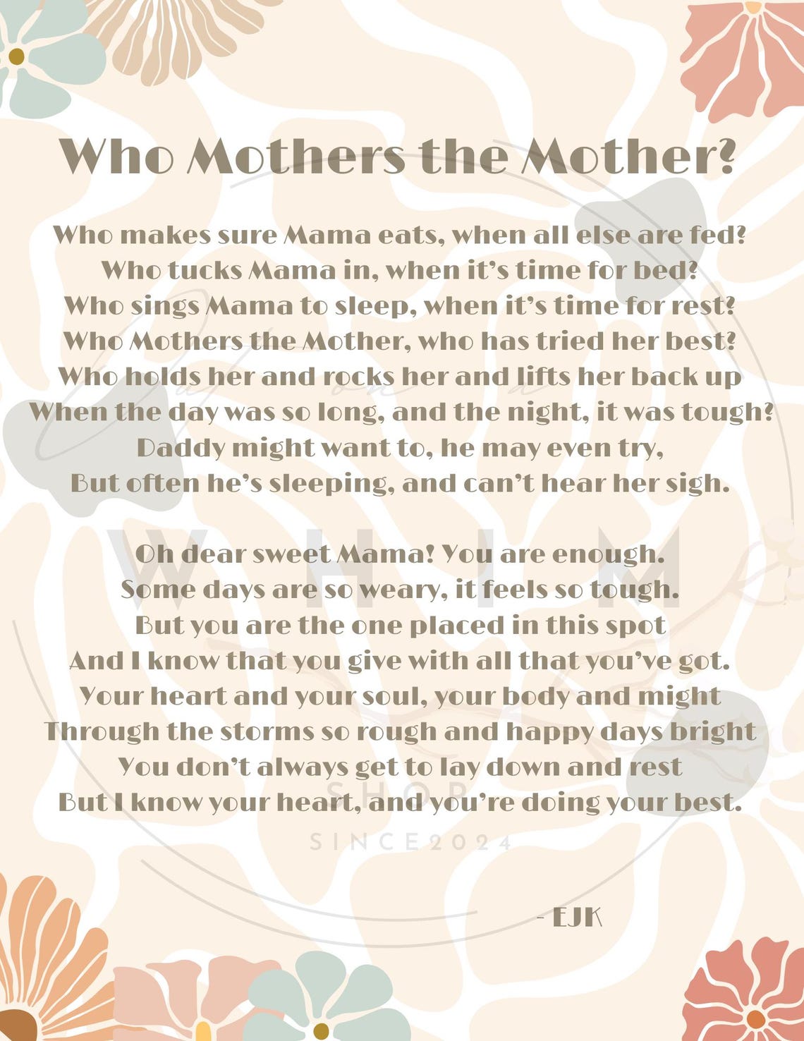 Poem for Mom Gift Retro Floral Wall Art Mother's Day Gift Printable ...