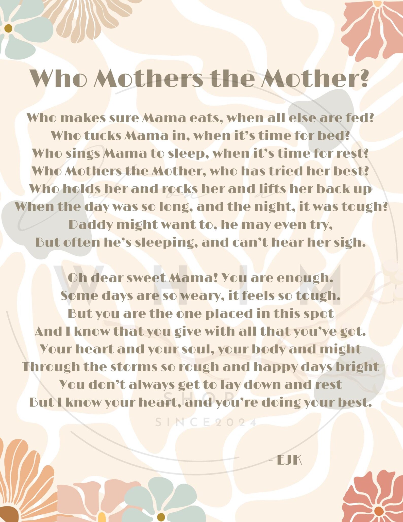 Poem for Mom Gift Retro Floral Wall Art Mother's Day Gift Printable ...