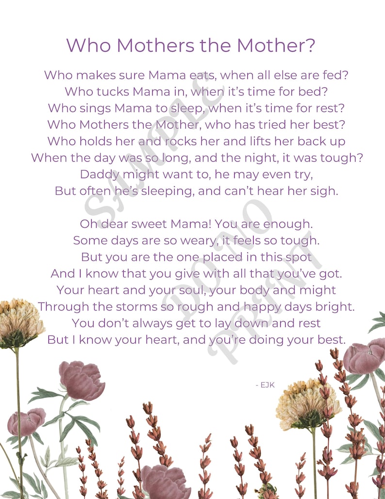 Mama Poem About Motherhood Art Print Floral Wall Hanging Printable Gift ...