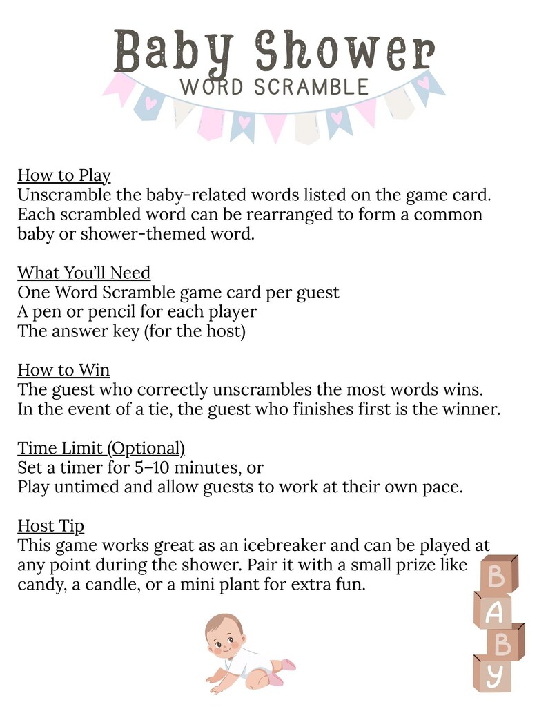 Baby Shower Word Scramble Game | Printable Baby Shower Game | Baby ...