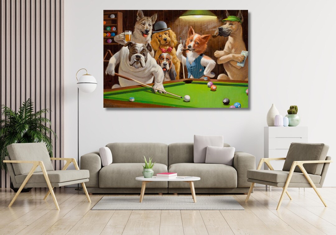 Dogs Playing Billiards Ready to Hang POSTER, Funny Pet Portrait ...