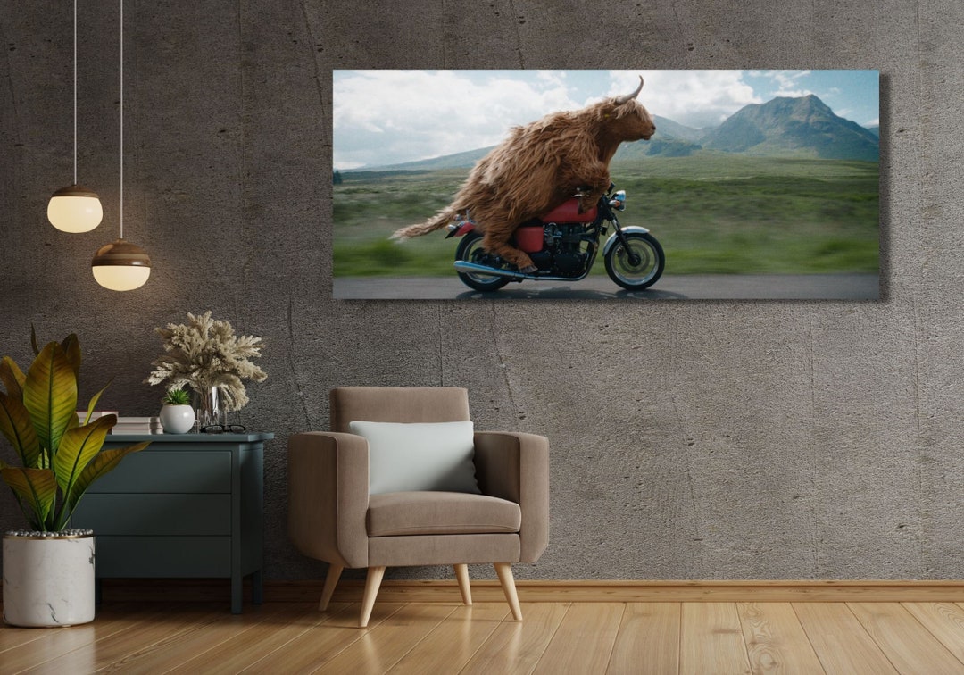 Funny Cow Riding a Motorbike , Highland Cow POSTER Wall Art Farmhouse ...