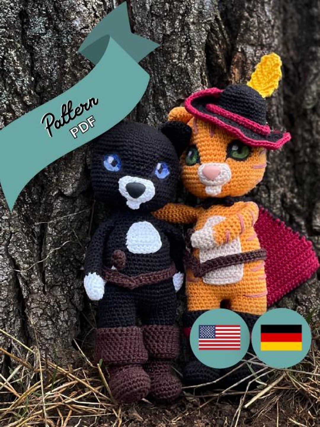 Crochet Pattern - Dressed Cat, Tomcat, Puss, Hat, Feather, Cloak, Boots ...