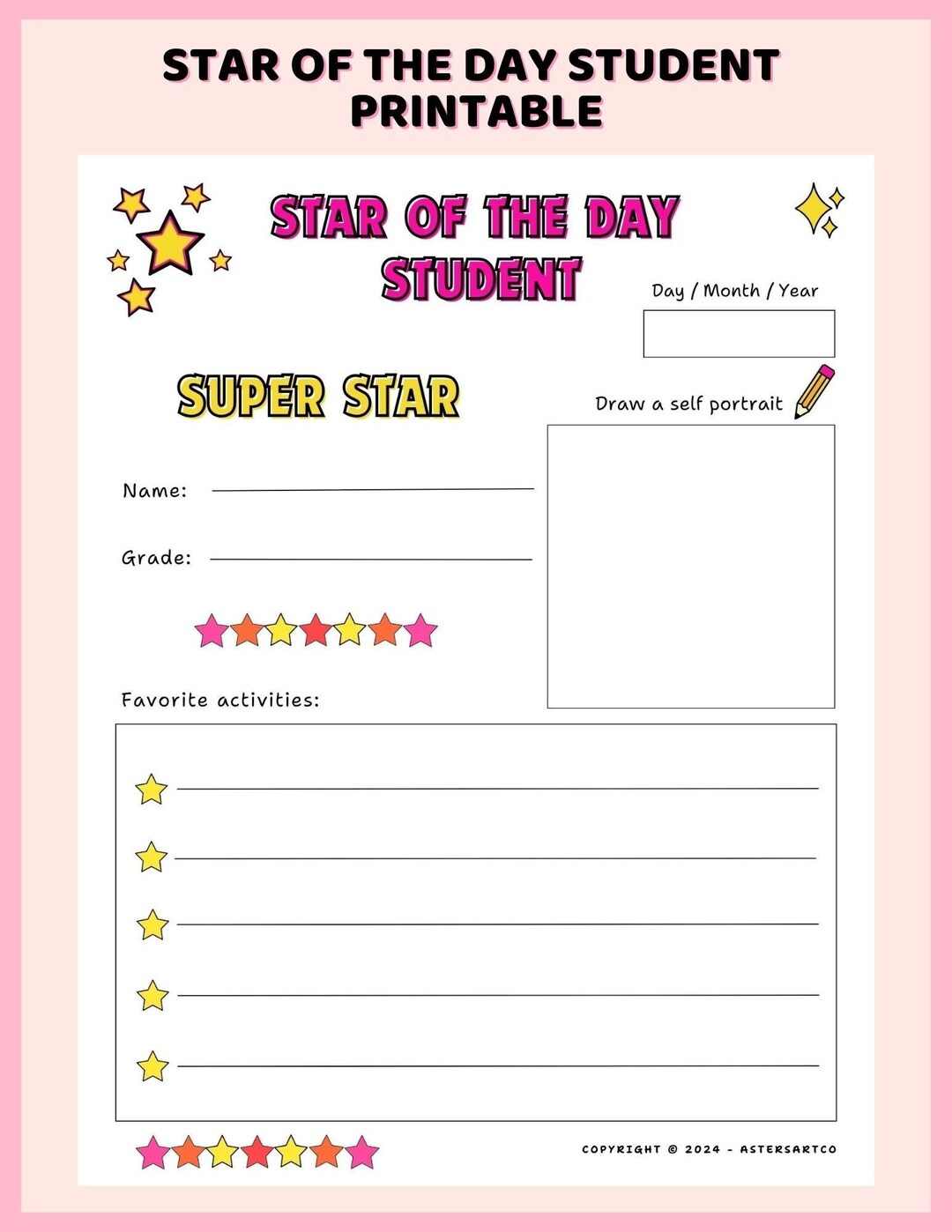 Star of the Day, Week, & Year Student Worksheets for Preschool, Pre-k ...