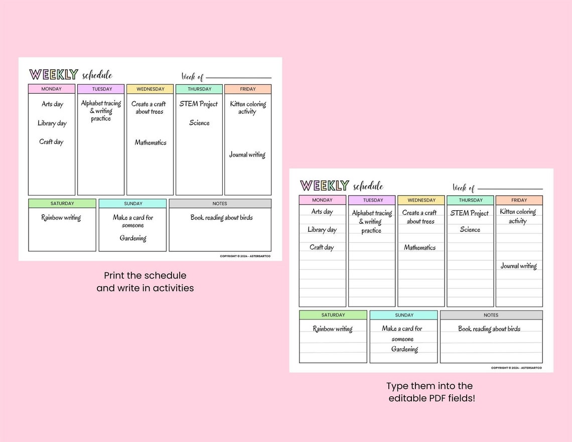 Weekly Schedule Template for Kids to Record Their Homeschool or School ...