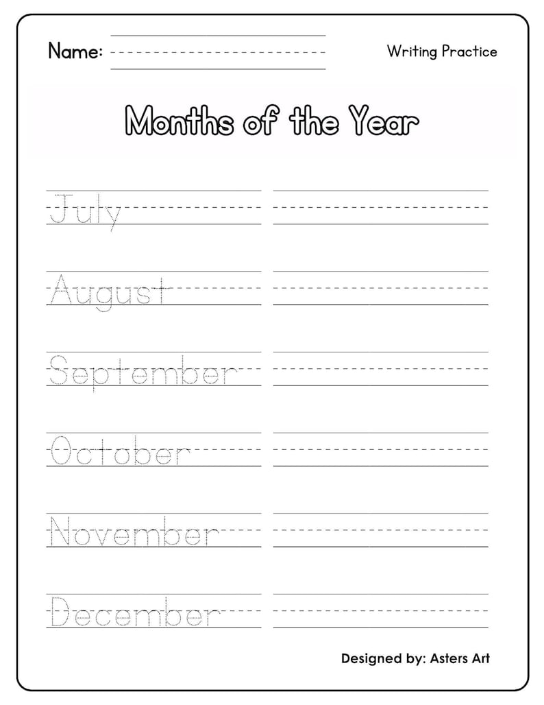 Months of the Year Tracing & Writing Worksheets for Preschool, Pre-k ...