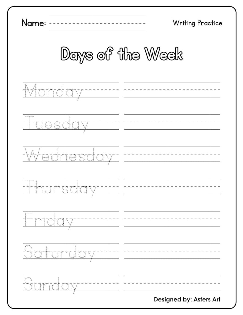 Days of the Week Tracing & Writing Worksheets for Preschool, Pre-k ...