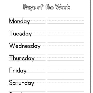 Days of the Week Tracing & Writing Worksheets for Preschool, Pre-k ...