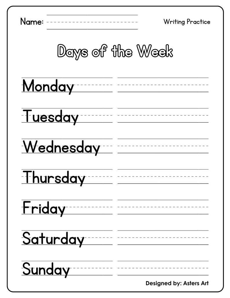 Days of the Week Tracing & Writing Worksheets for Preschool, Pre-k ...